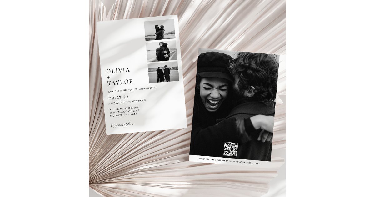 Monochrome Classic Photo Collage QR Code Wedding Invitation | Zazzle