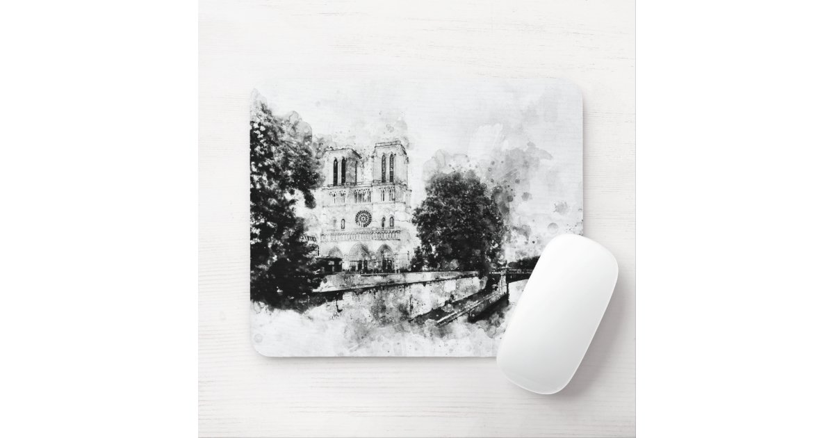 Monochrome Illustration of Notre-Dame Cathedral Mouse Pad | Zazzle