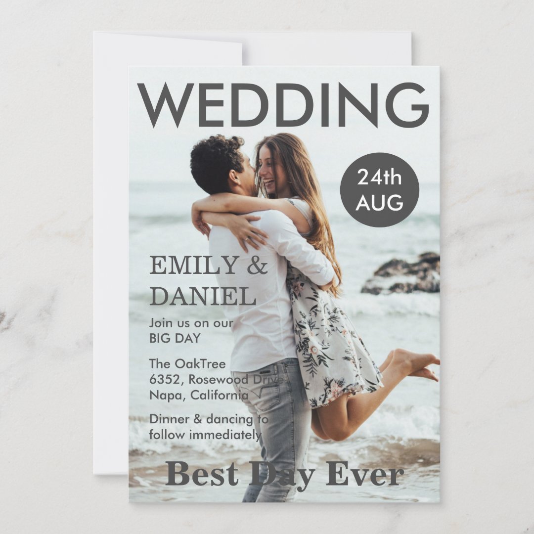 Monochrome Magazine Style Custom Photo Wedding Invitation | Zazzle