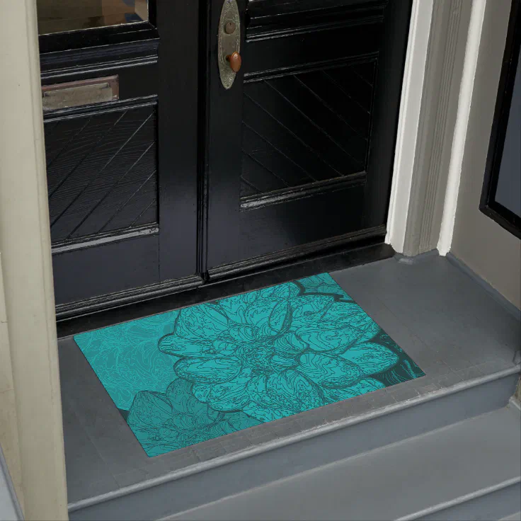 Monochrome Turquoise Dahlia Floral Pattern Doormat | Zazzle