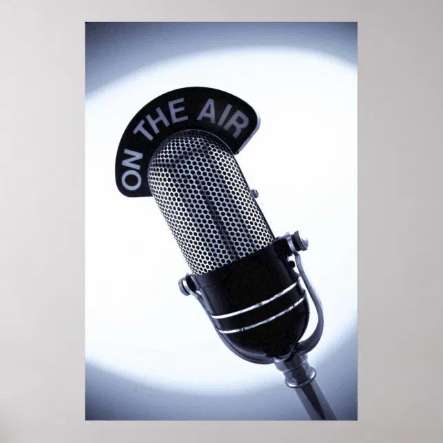 Monochrome Vintage On The Air Microphone Print | Zazzle