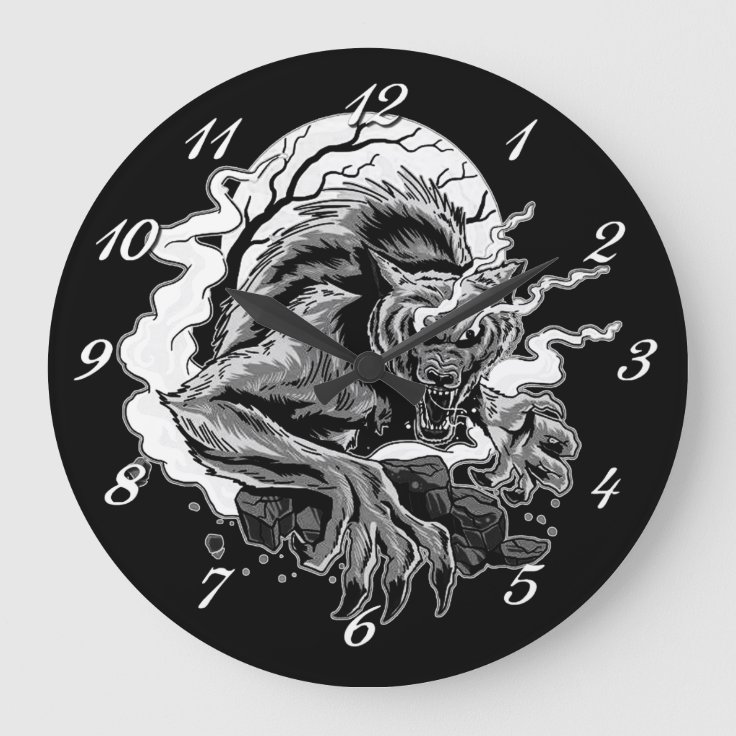 Monochrome Werewolf Moon Large Clock | Zazzle