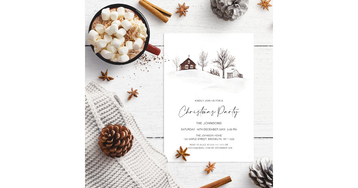 Monochrome Winter Christmas Party Invitation | Zazzle
