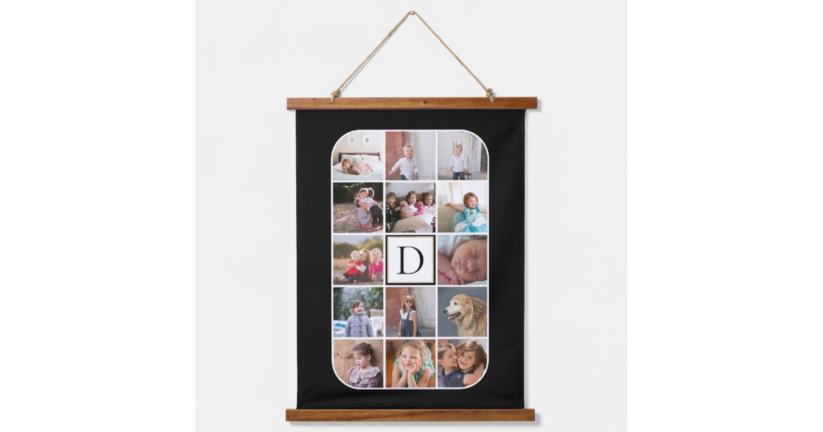 Monogram, 14 photo collage rounded corners black hanging tapestry | Zazzle