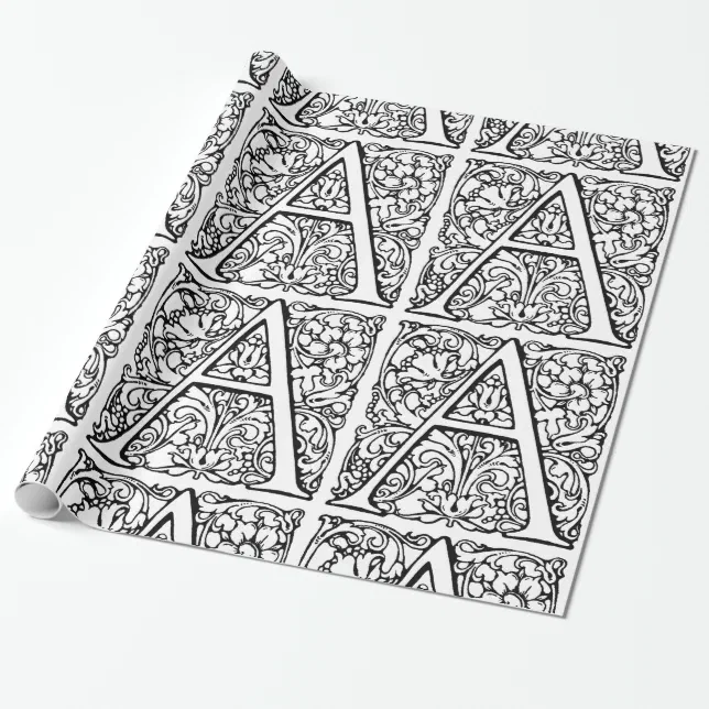 Monogram A Initial Black and White Floral Pattern Wrapping Paper | Zazzle