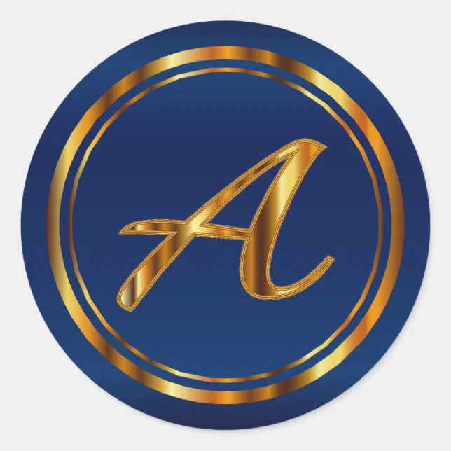 Monogram A-Z - Metallic Gold on Navy Blue Classic Round Sticker | Zazzle