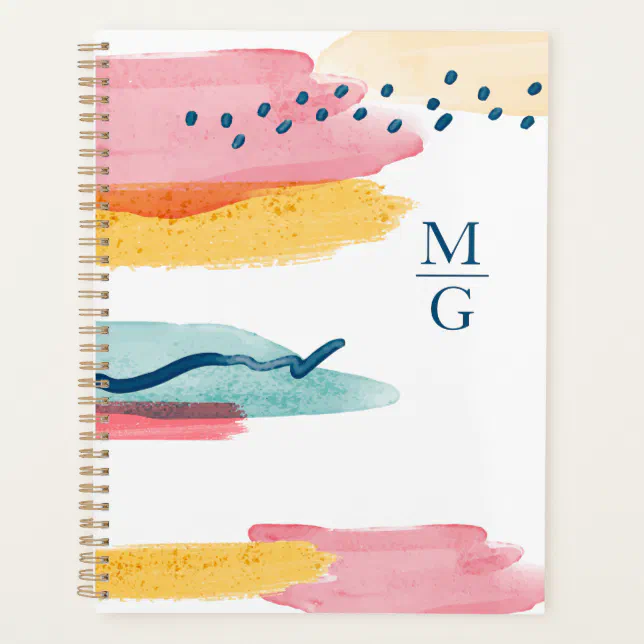 Monogram Abstract Watercolor Navy Blue Pink Yellow Planner | Zazzle