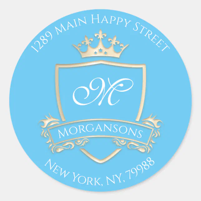 Monogram Address Crown Royal Gold Blue RSVP Classic Round Sticker | Zazzle