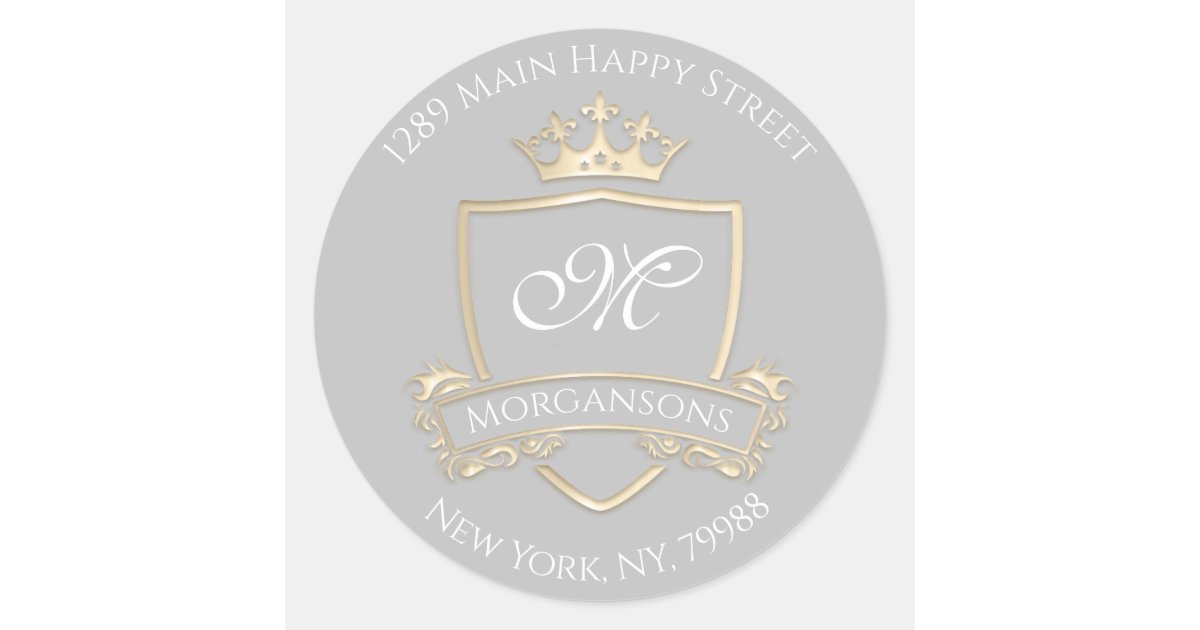 Monogram Address Crown Royal Gold Gray RSVP Classic Round Sticker | Zazzle