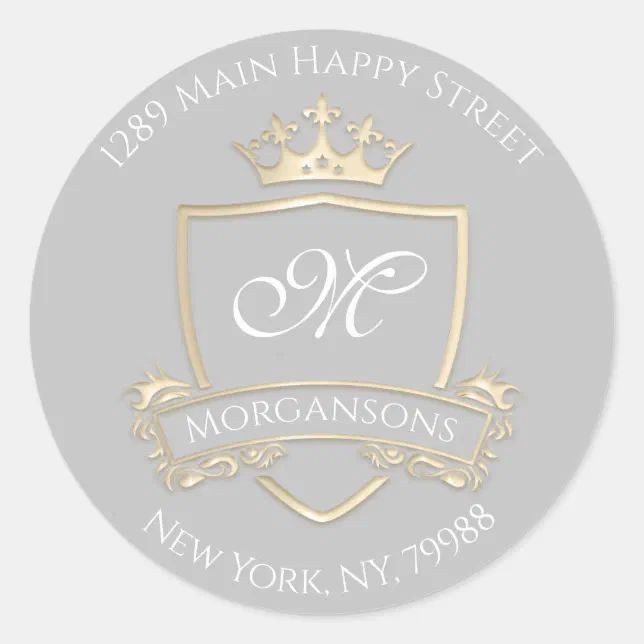Monogram Address Crown Royal Gold Gray RSVP Classic Round Sticker | Zazzle