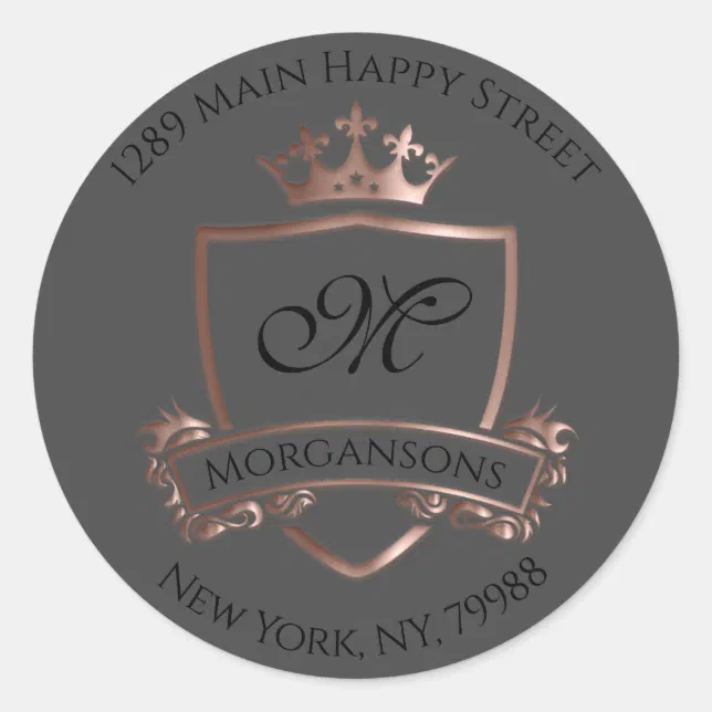 Monogram Address Crown Royal Gray Rose RSVP Classic Round Sticker | Zazzle
