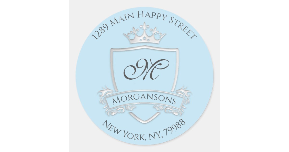 Monogram Address Crown Royal Silver Gray Classic Round Sticker | Zazzle