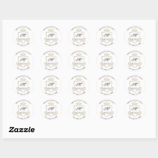 Monogram Address Crown Royal White Gold RSVP Classic Round Sticker | Zazzle