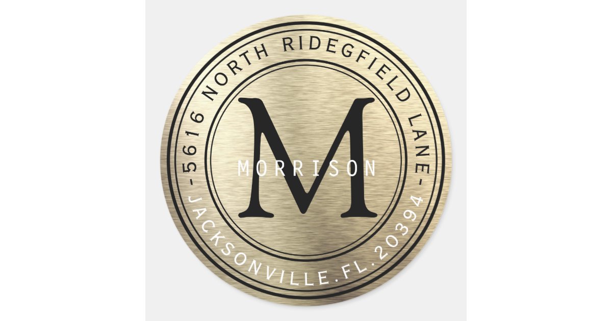 Monogram Address Label in Brush Gold Metallic | Zazzle
