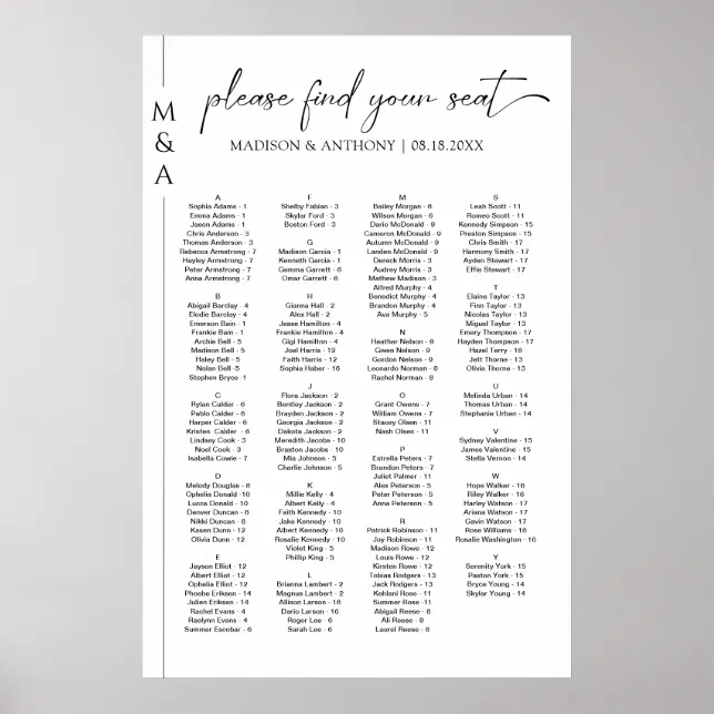 Monogram Alphabetical Wedding Seating Chart Poster | Zazzle