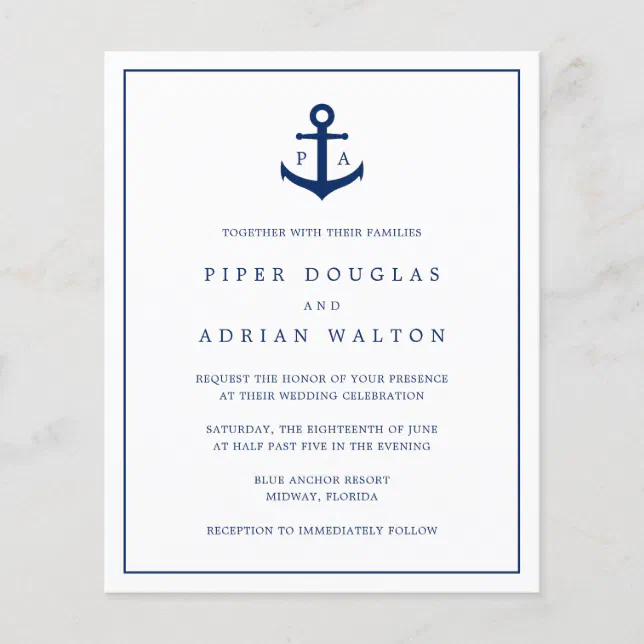 Monogram Anchor Nautical Budget Wedding Invitation Flyer | Zazzle