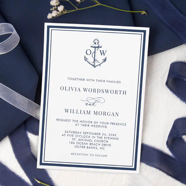 Monogram Anchor White Navy Nautical Wedding Invitation | Zazzle