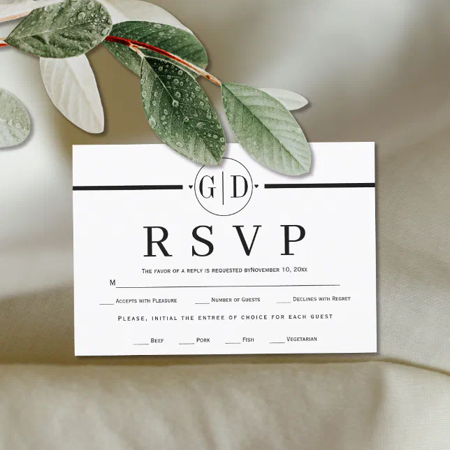 Monogram and stripe black and white formal wedding RSVP card | Zazzle