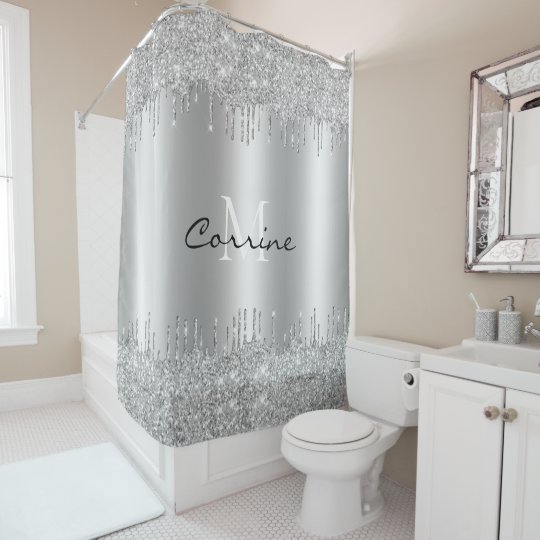 Monogram Antique Silver Dripping Glitter Metallic Shower Curtain Zazzle