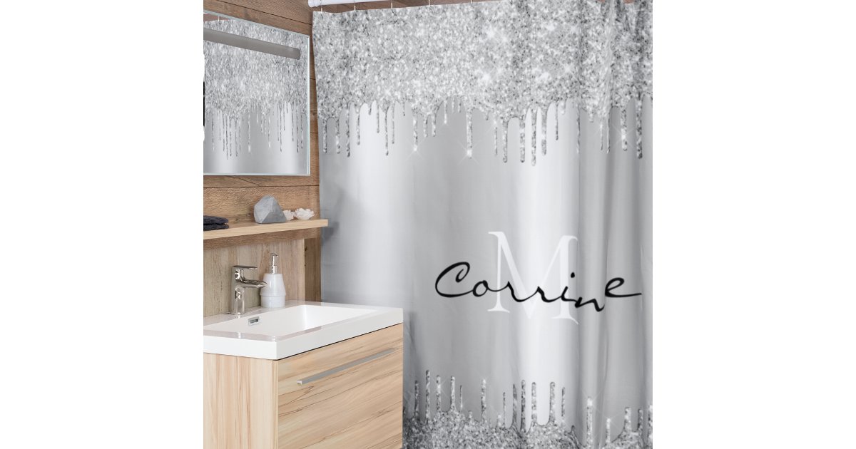 Monogram Antique Silver Dripping Glitter Metallic Shower Curtain | Zazzle