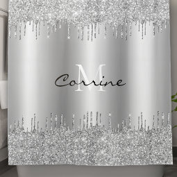 Monogram Antique Silver Dripping Glitter Metallic Shower Curtain | Zazzle