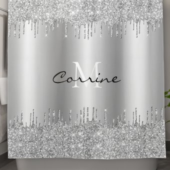 Monogram Antique Silver Dripping Glitter Metallic Shower Curtain | Zazzle
