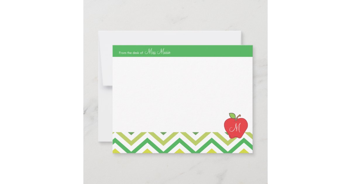 Monogram Apple Teachers Flat Note Card | Zazzle