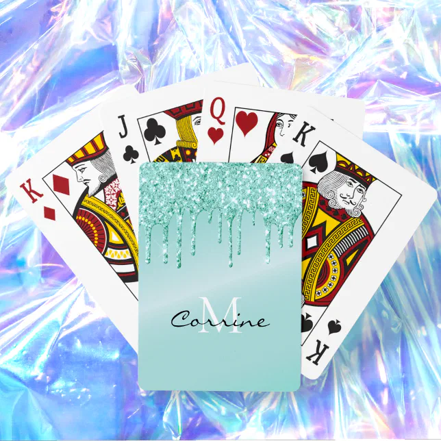 Monogram Aqua Blue Metallic Dripping Glitter Poker Cards | Zazzle
