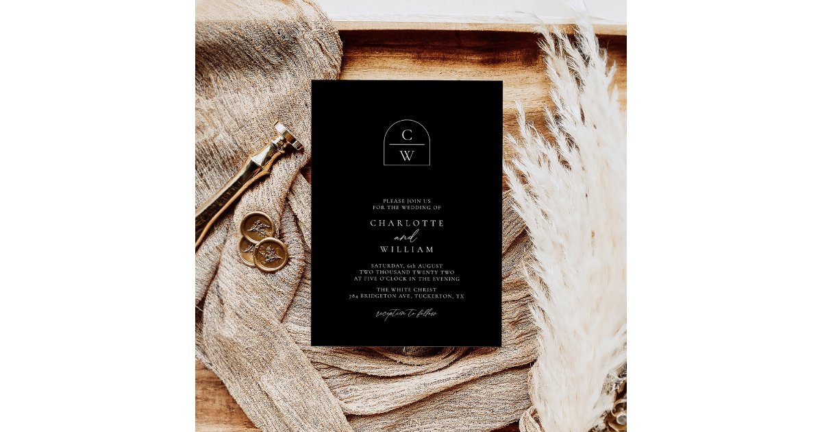 Monogram Arch Modern Simple Black Wedding Invitation | Zazzle