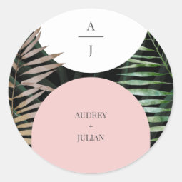 Monogram Arches Tropical Palm Tree Wedding Classic Round Sticker | Zazzle
