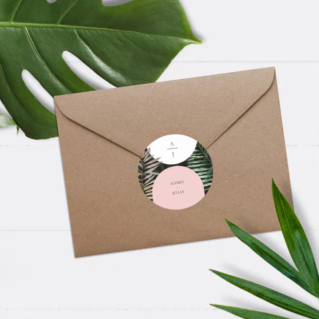 Monogram Arches Tropical Palm Tree Wedding Classic Round Sticker | Zazzle