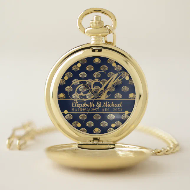 Monogram ART Deco Navy Blue Gold Shells Newlyweds Pocket Watch | Zazzle