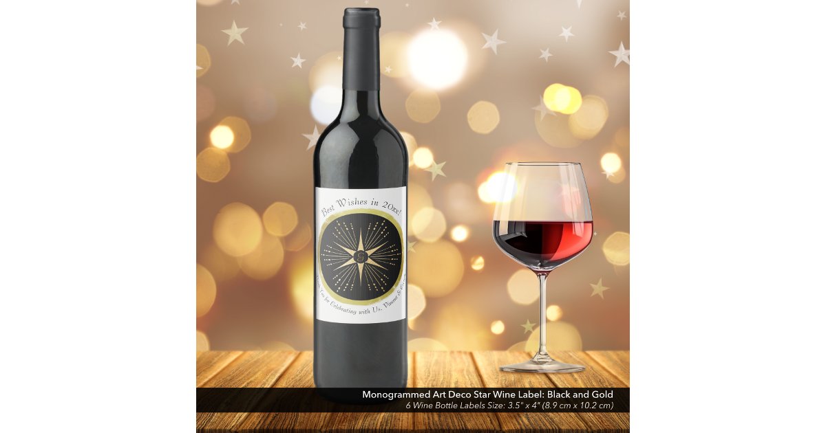 Monogram Art Deco Star Black and Gold Wine Label | Zazzle