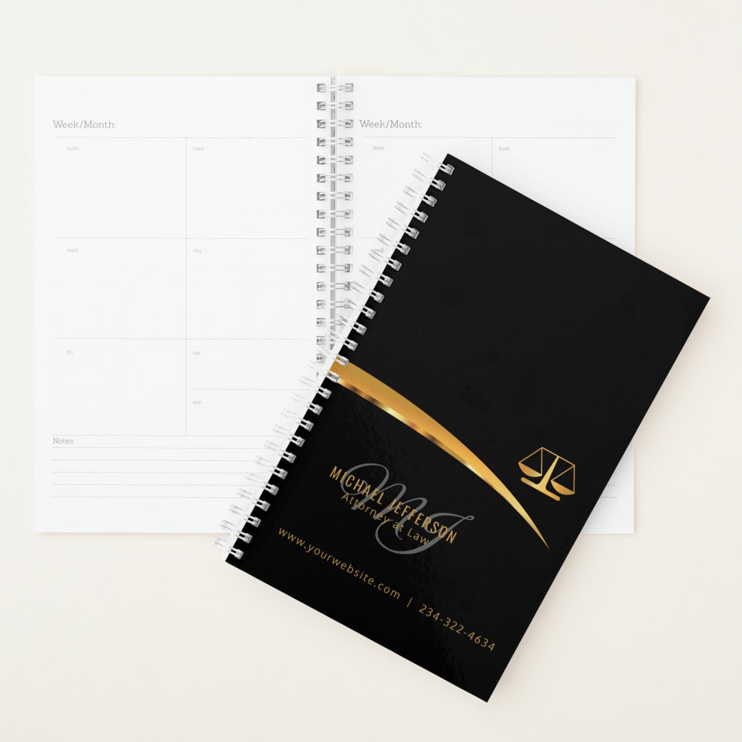 Monogram Attorney at Law - Black and Gold Planner | Zazzle
