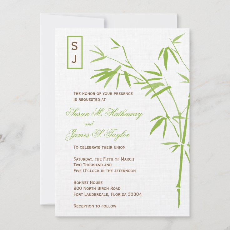 Monogram Bamboo Wedding Invitations | Green | Zazzle