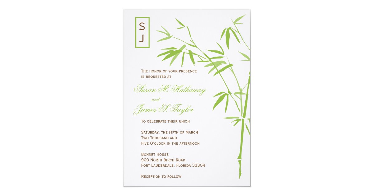 Monogram Bamboo Wedding Invitations | Green | Zazzle.com