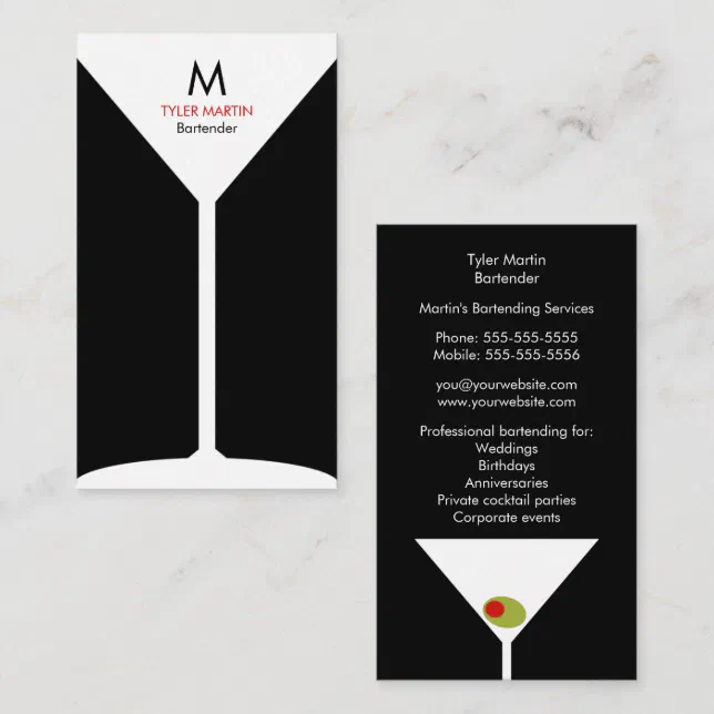 Monogram Bartending Business Card - Black & White | Zazzle