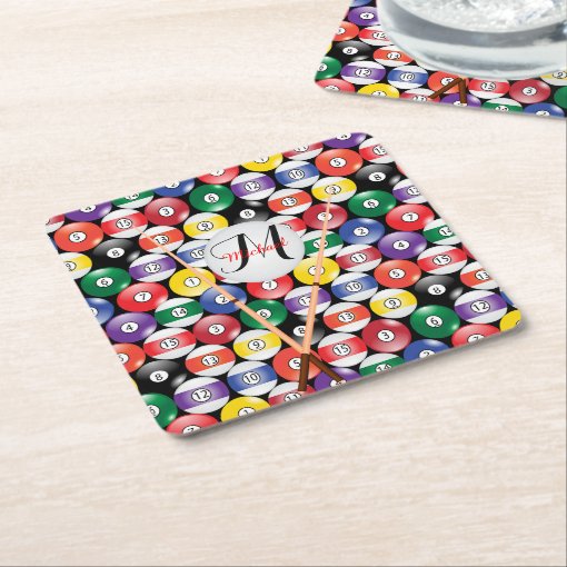 Monogram Billiard Pool Ball Design Square Paper Coaster | Zazzle