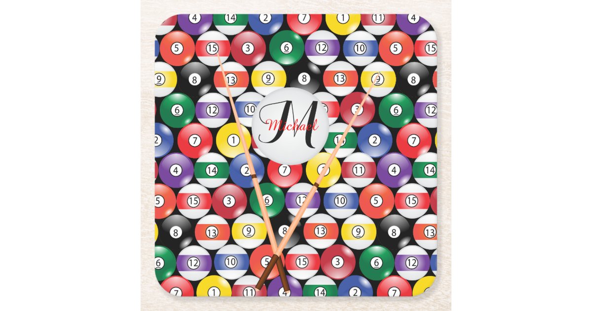 Monogram Billiard Pool Ball Design Square Paper Coaster | Zazzle