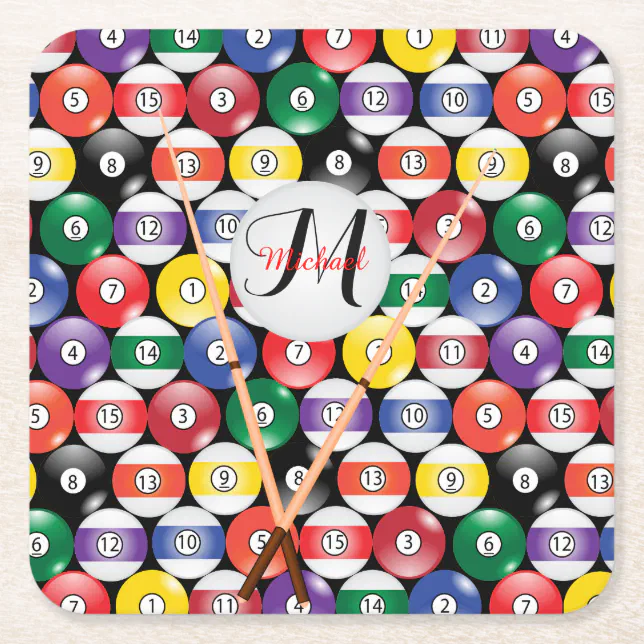 Monogram Billiard Pool Ball Design Square Paper Coaster | Zazzle