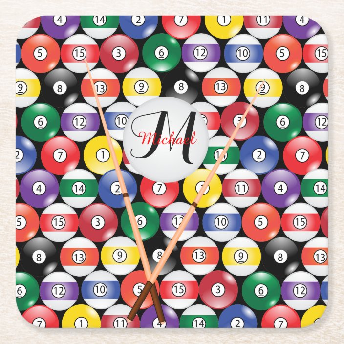 Monogram Billiard Pool Ball Design Square Paper Coaster | Zazzle.com
