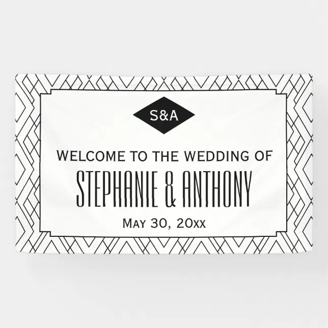 Monogram Black and White Art Deco Wedding Banner | Zazzle