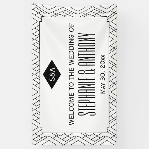 Monogram Black and White Art Deco Wedding Banner | Zazzle