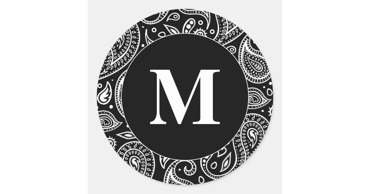 Monogram Black and White Floral Paisley Pattern Classic Round Sticker ...