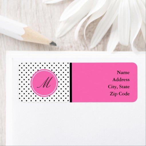 Monogram Black and White Polka Dot with Hot Pink Label | Zazzle