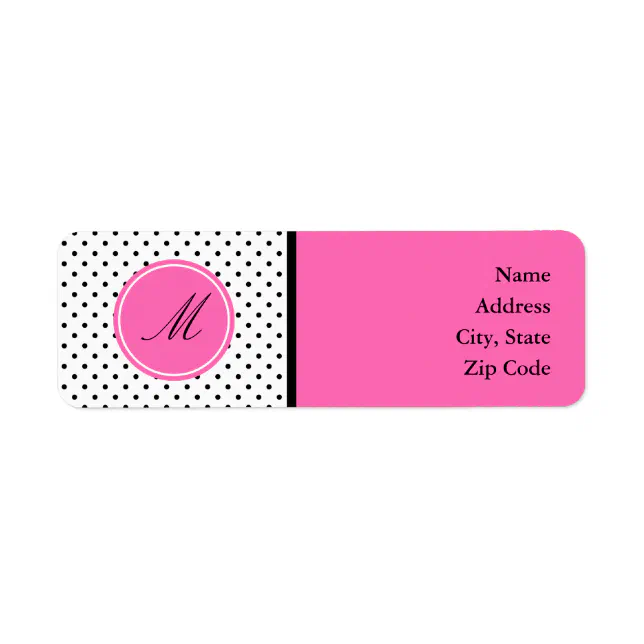Monogram Black and White Polka Dot with Hot Pink Label | Zazzle