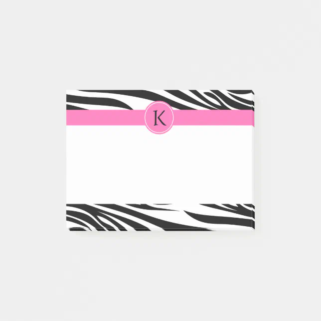 Monogram Black and White Zebra Print with Hot Pink Post-it Notes | Zazzle