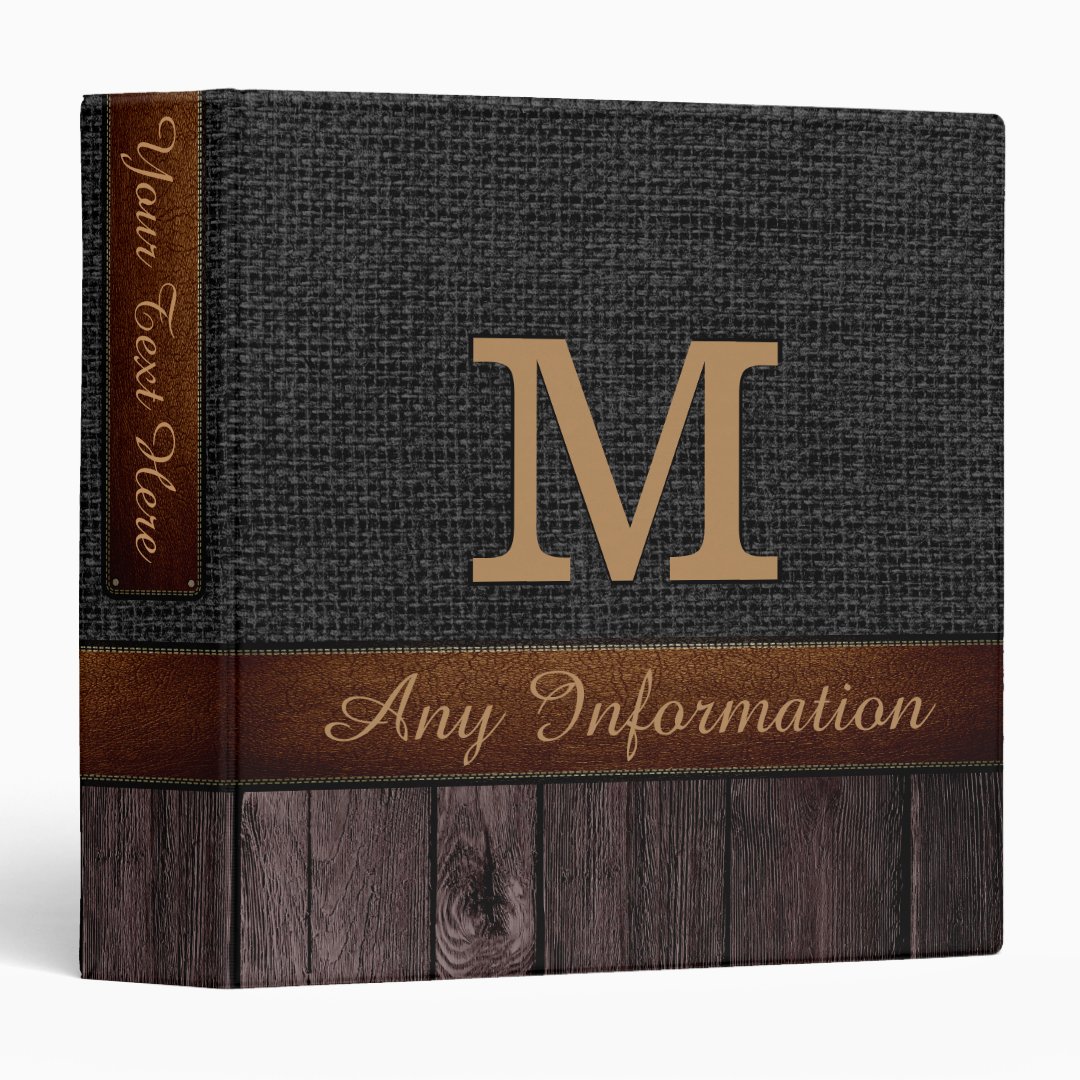 Monogram Black Burlap Rustic Jute Look Wood Binder | Zazzle