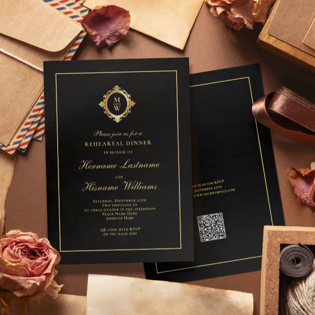 Monogram Black Gold RSVP QR Code Rehearsal Dinner Invitation | Zazzle