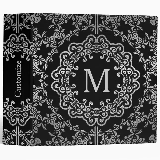 Monogram Black & Silver Filigree Motif Binder | Zazzle